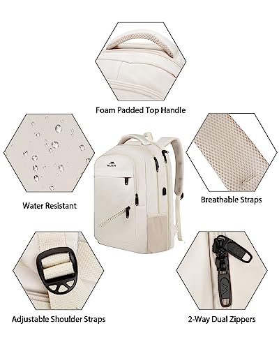MATEIN 17 inch Laptop Backpack for Women, Big Travel Backpack Airline Approved with Luggage Strap, Heavy Duty Work Bag with USB Charging Port, Water Resistant Bag for College, Beige