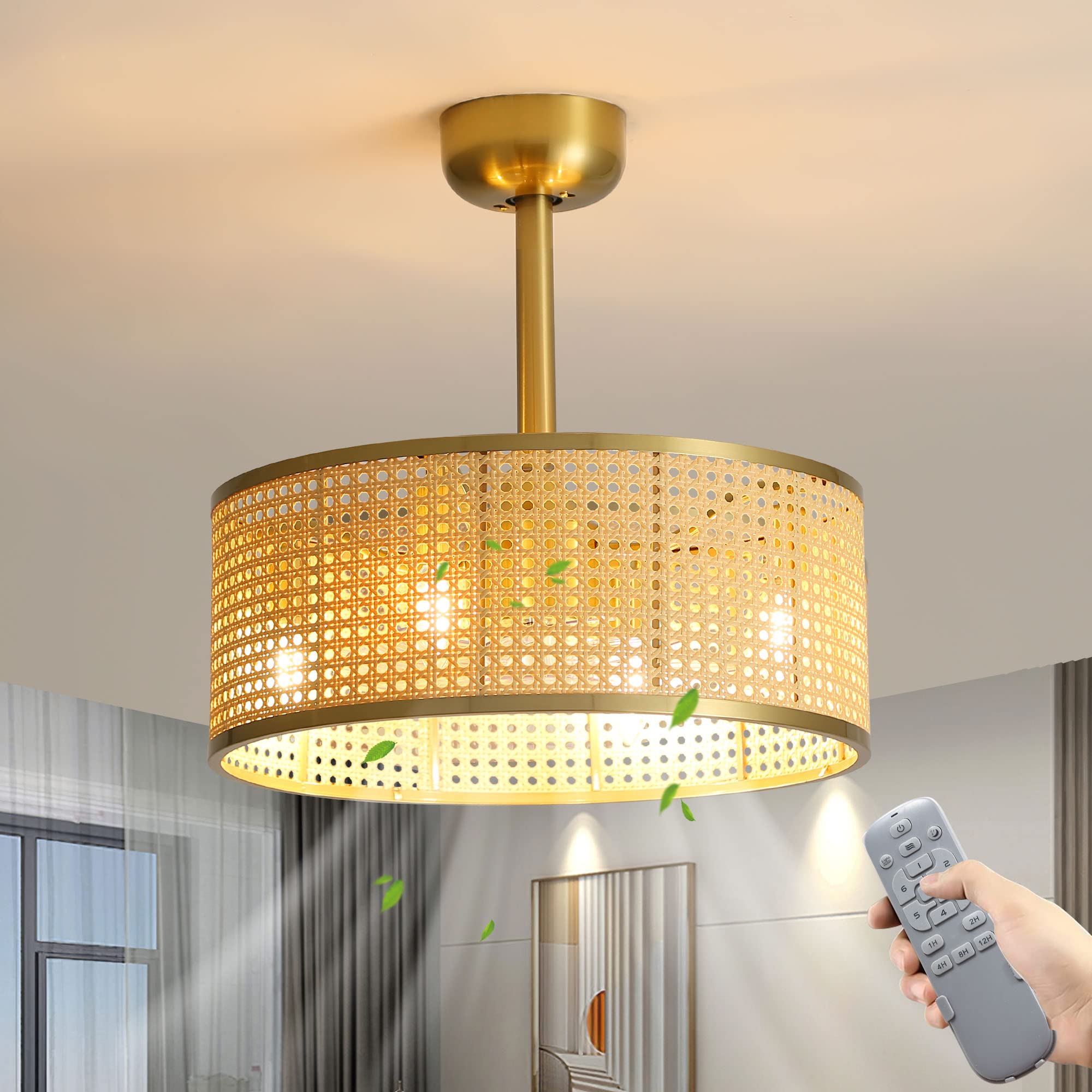 ELEHINSER Caged Ceiling Fan with Light and Remote Control, 12" Enclosed Flush Mount Rattan Ceiling Fan, Farmhouse Low Profile Ceiling Light Fixtures Fandelier Bladeless Fan for Bedroom, Kitchen