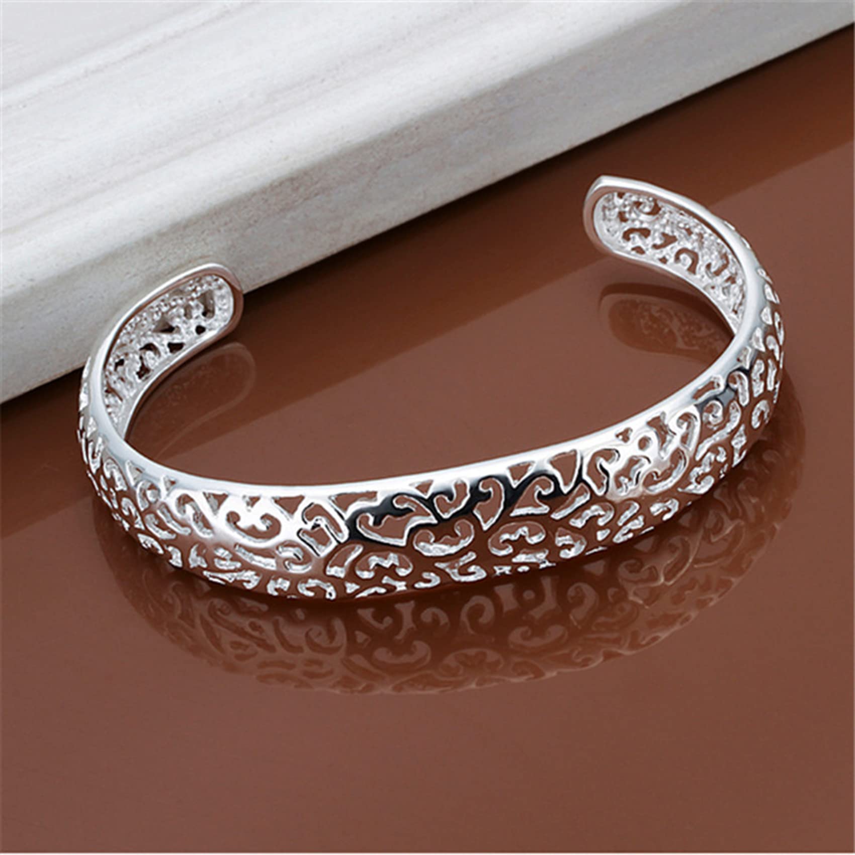 Generic ploon Hollow Open Bangle Bracelet Jewelry Stainless Steel Cuff Charm for Women, Silver