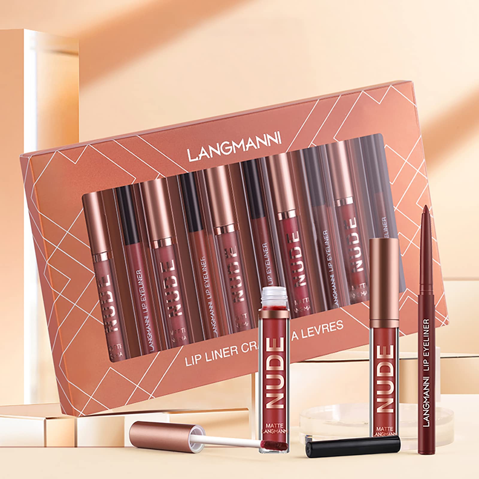 KIMIEYE 6Pcs Lip Liner + Matte Liquid Lipstick Set, Super Long Lasting Waterproof Non-Stick Cup Velvety Nude lipstick Kit, High Pigmented Lip Makeup Gift Set for Women (6PCS,Set A)
