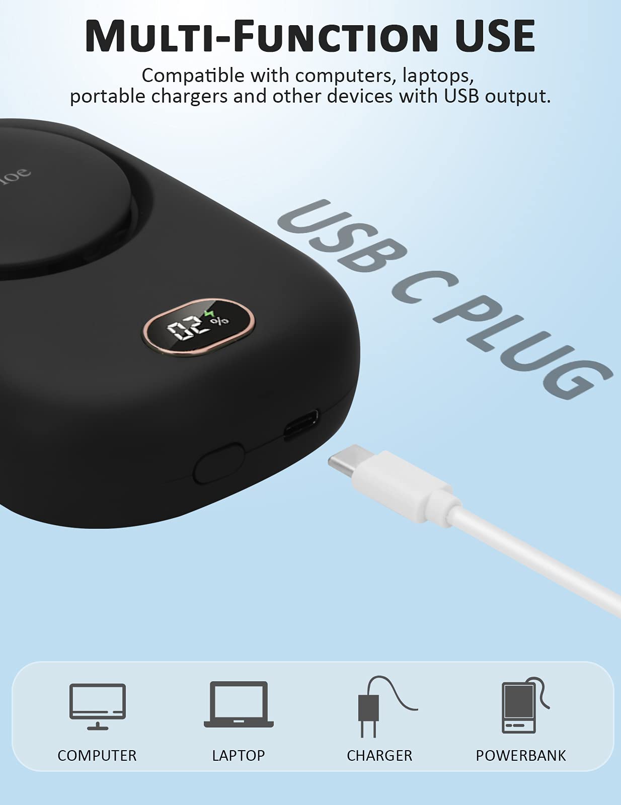 LtYioe Mini Fan Mini Handheld Fan Portable Fans USB Rechargeable, Personal Desk Fan Multifunctional with Strong Airflow, LED Smart Display and 3 Speed Adjustable for Outdoor Beach Home(Dark Black)