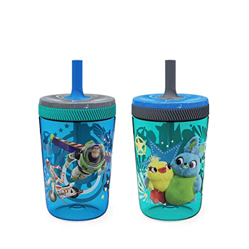 Zak Designs Kelso 15 oz Tumbler Set (Toy Story 4 - Woody & Buzz 2pc Set) Toddlers Cup Non-BPA Leak-Proof Screw-On Lid with Straw Made of Durable Plastic and Silicone, Perfect Baby Cup Bundle for Kids