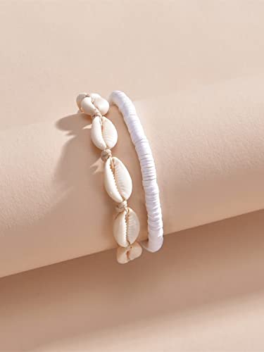 Verdusa Women's 2 Piece Ankle Bracelets Set Shell Anklet Chain Adjustable Foot Jewelry White one-size