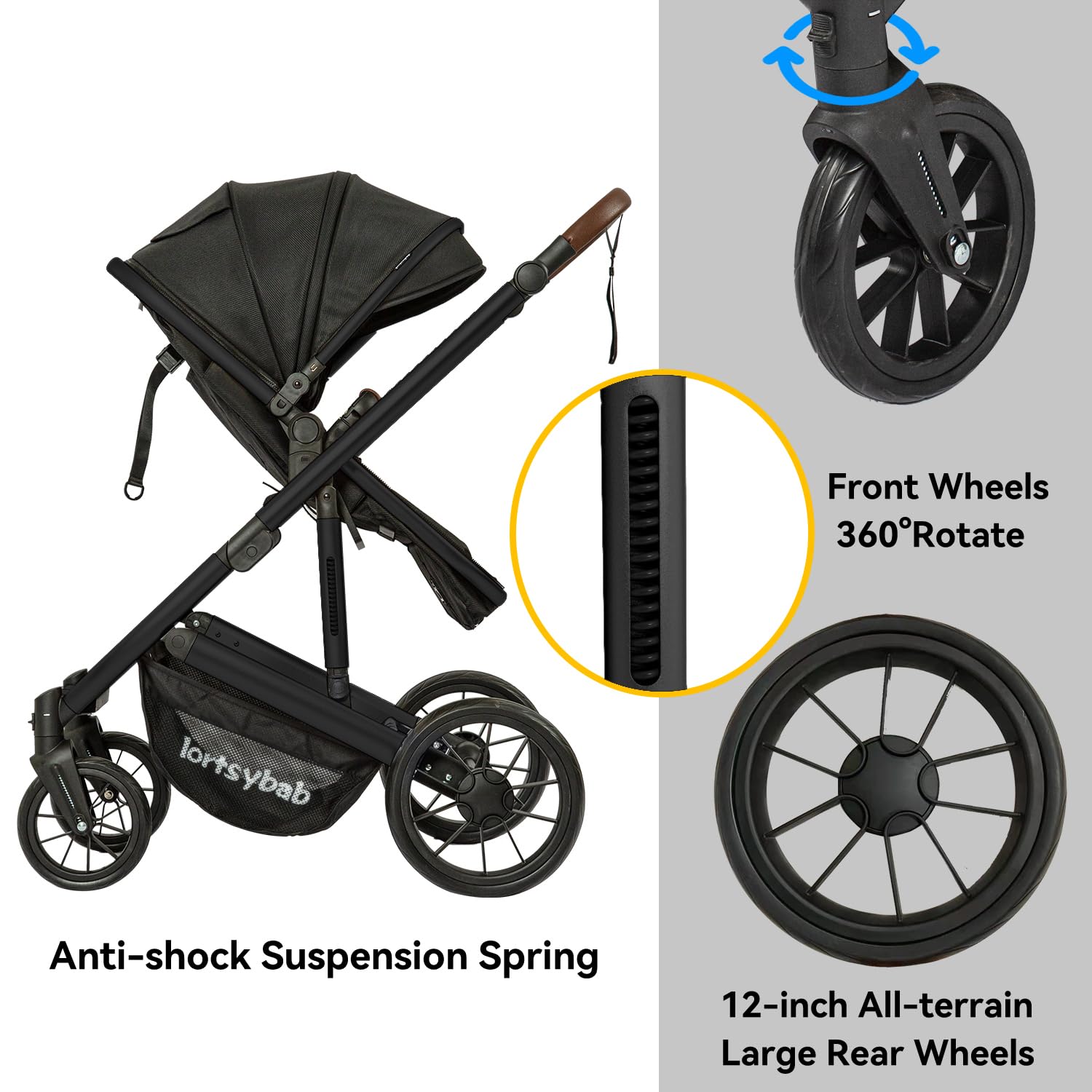 LORTSYBAB 2 in 1 Convertible Baby Stroller, High Landscape Infant Stroller w/Reversible Seat, Adjustable Backrest & Canopy, Newborn Reversible Bassinet Pram Strollers, Black