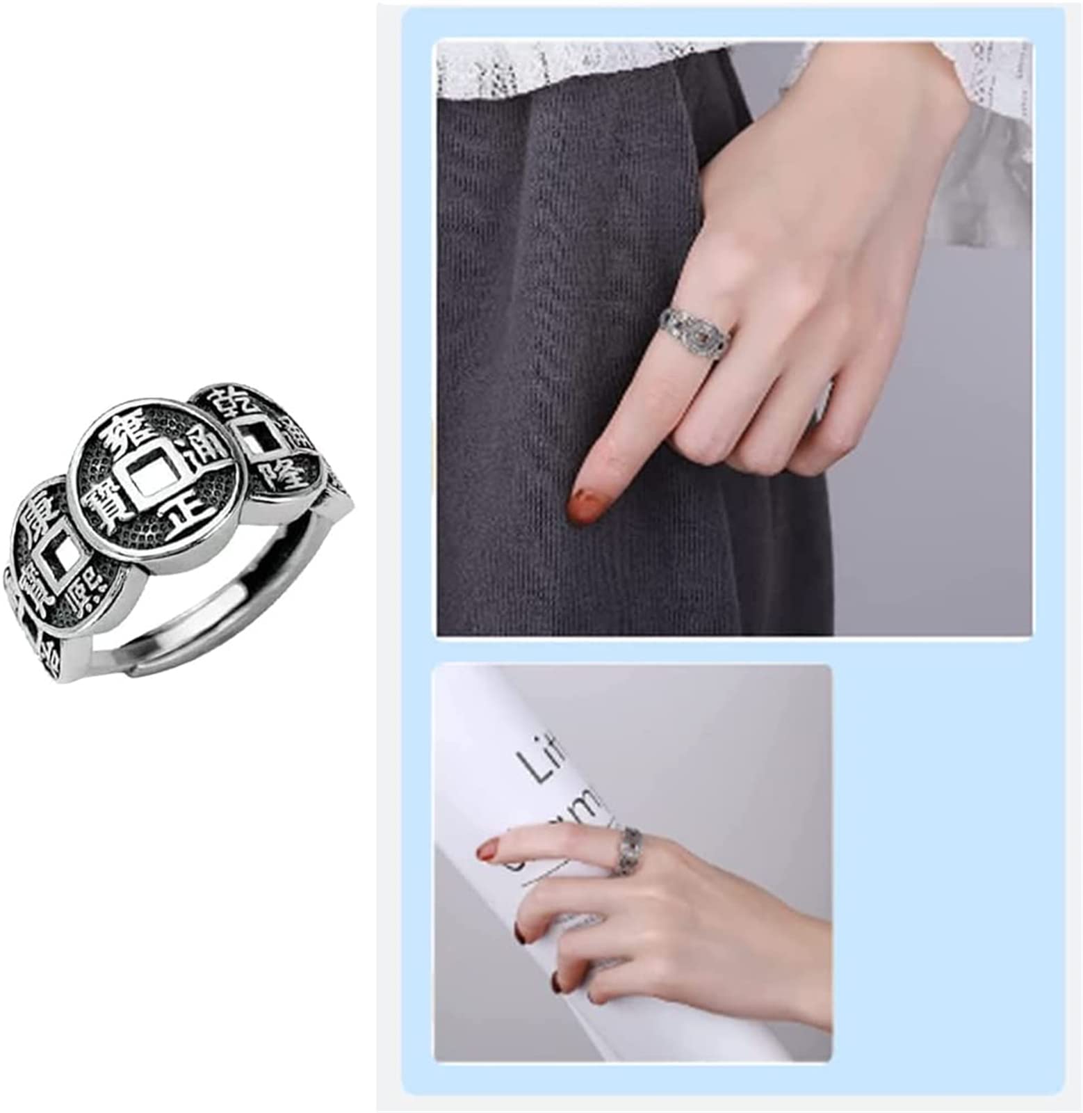 Five Emperor Coin Auspicious Ring,Retro Lucky Index Finger Ring Silver, Vintage Handmade Open Adjustable Ring Lucky Coin,Unisex Attract Wealth Money and Good Luck Ring (Silver)