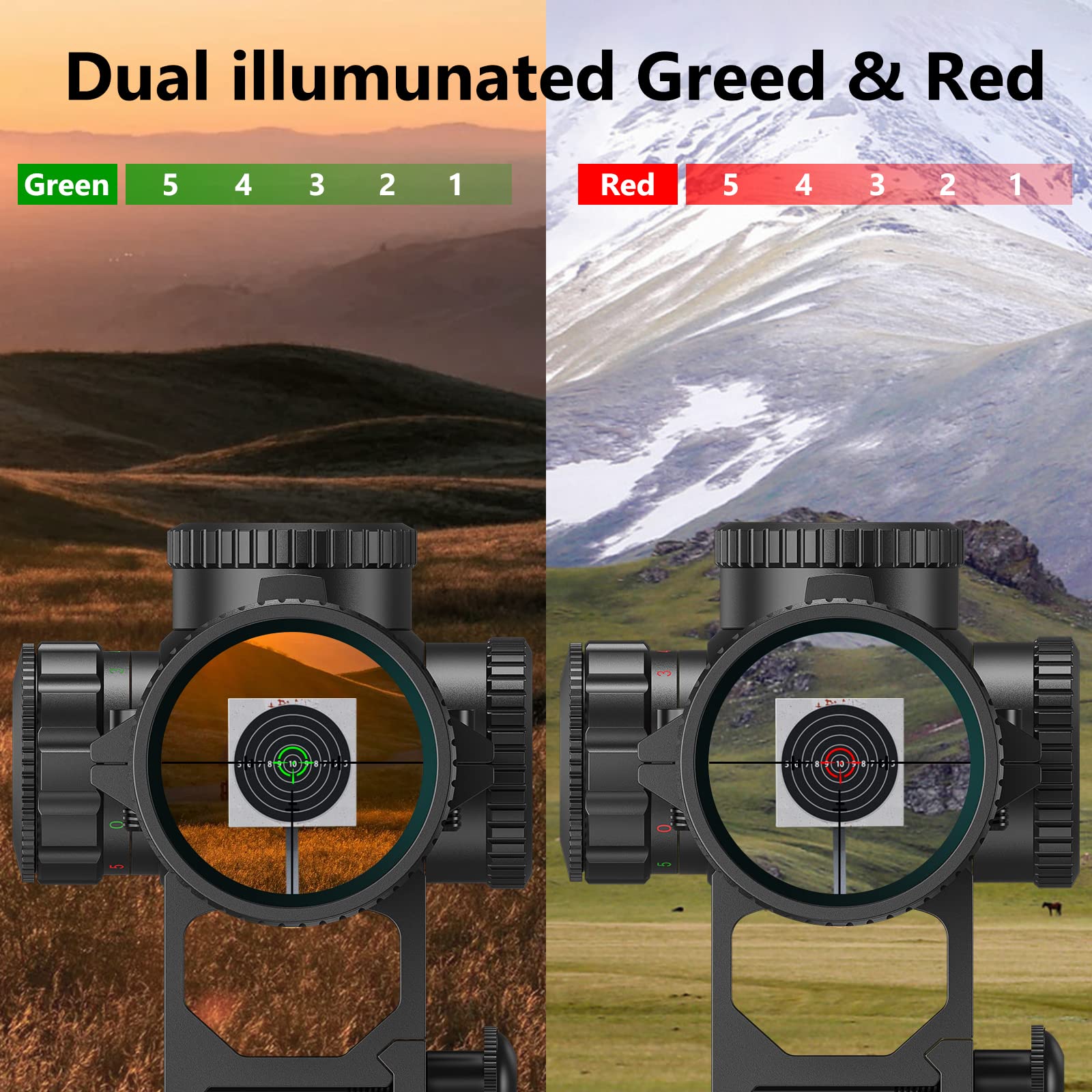 EZshoot 1-6X24 LPVO Rifle Scope with 5 Levels Red & Green Illuminated Reticle, 30mm, Black