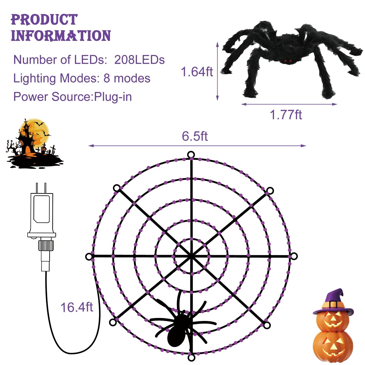 Halloween Decorations Outdoor 6.6ft Large Round Spider Web with 210 LED and Scary Black Spider,Super Bright 8 Modes Halloween Lights for Home Window Wall Garden Yard Party Decor