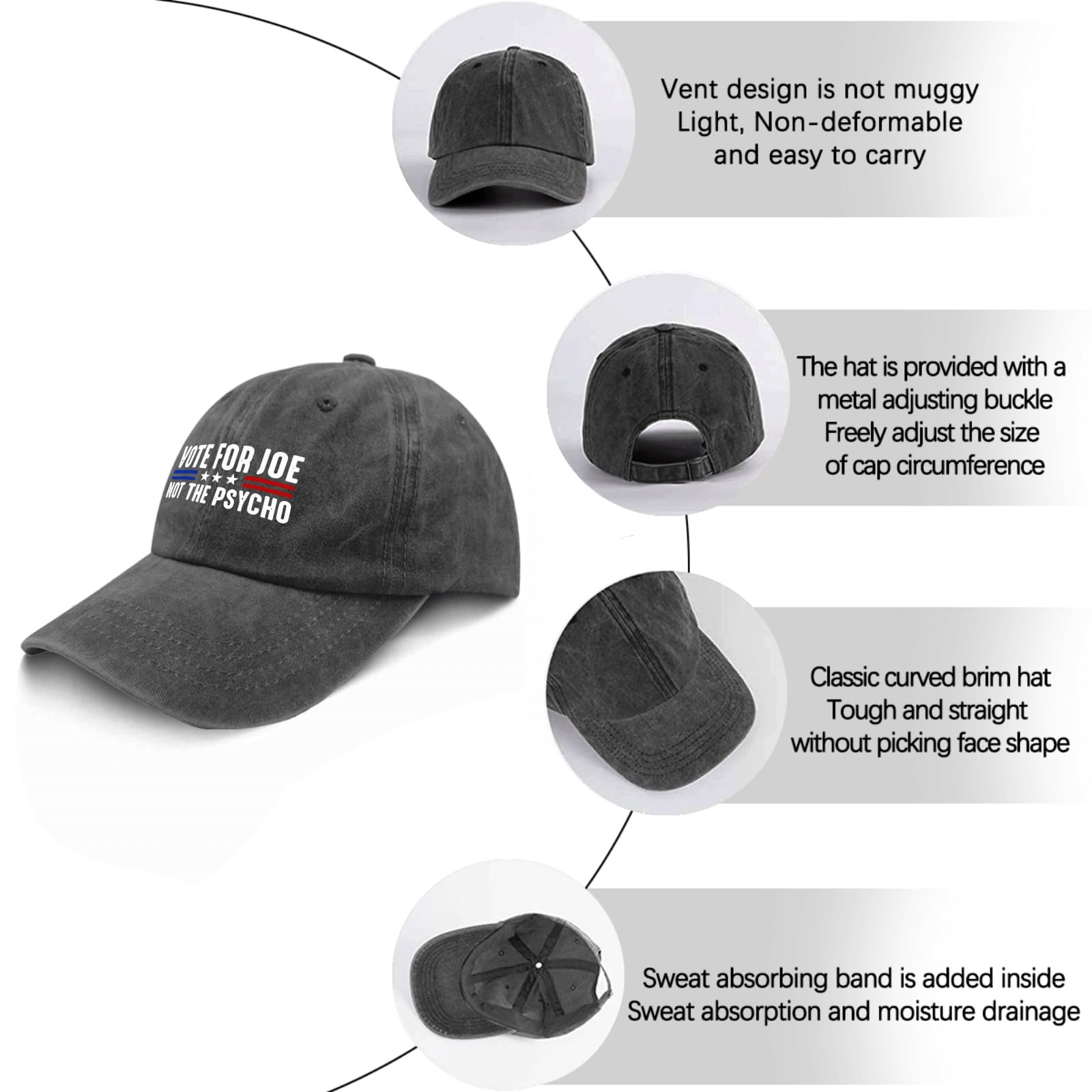 Generic Vote for Joe Not The Psycho Hat for Men Baseball Cap Aesthetic Washed Hiking Hat Fitted, Pigment Black