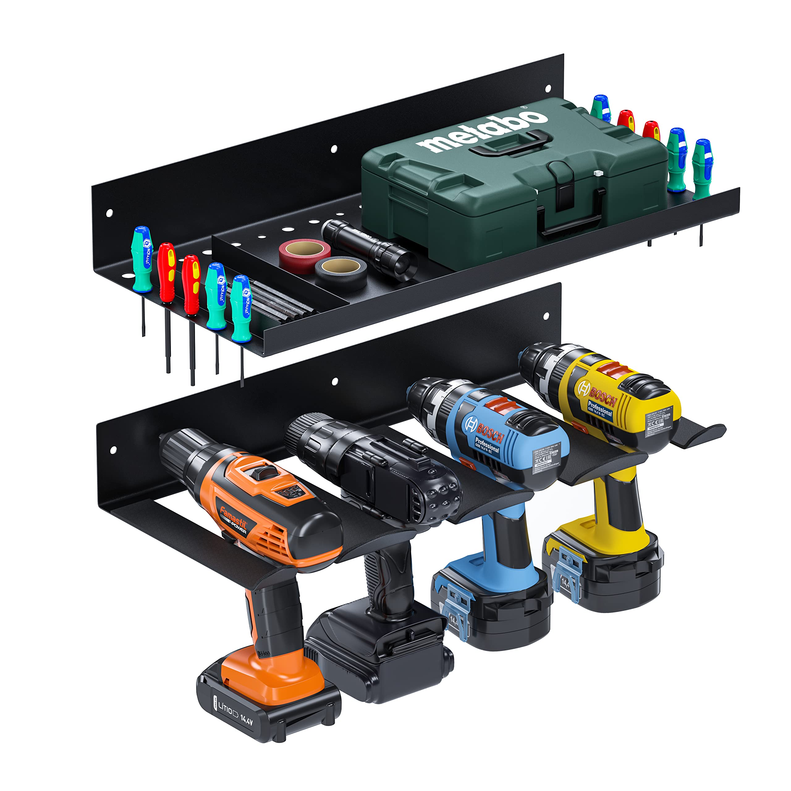 HUFEEOH Power Tool Organizer Wall Mount, Black Stainless Steel Garage Floating Shelves Storage Shelves, Heavy Duty Drill Holder for Cordless Drill Charging Station Screwdriver