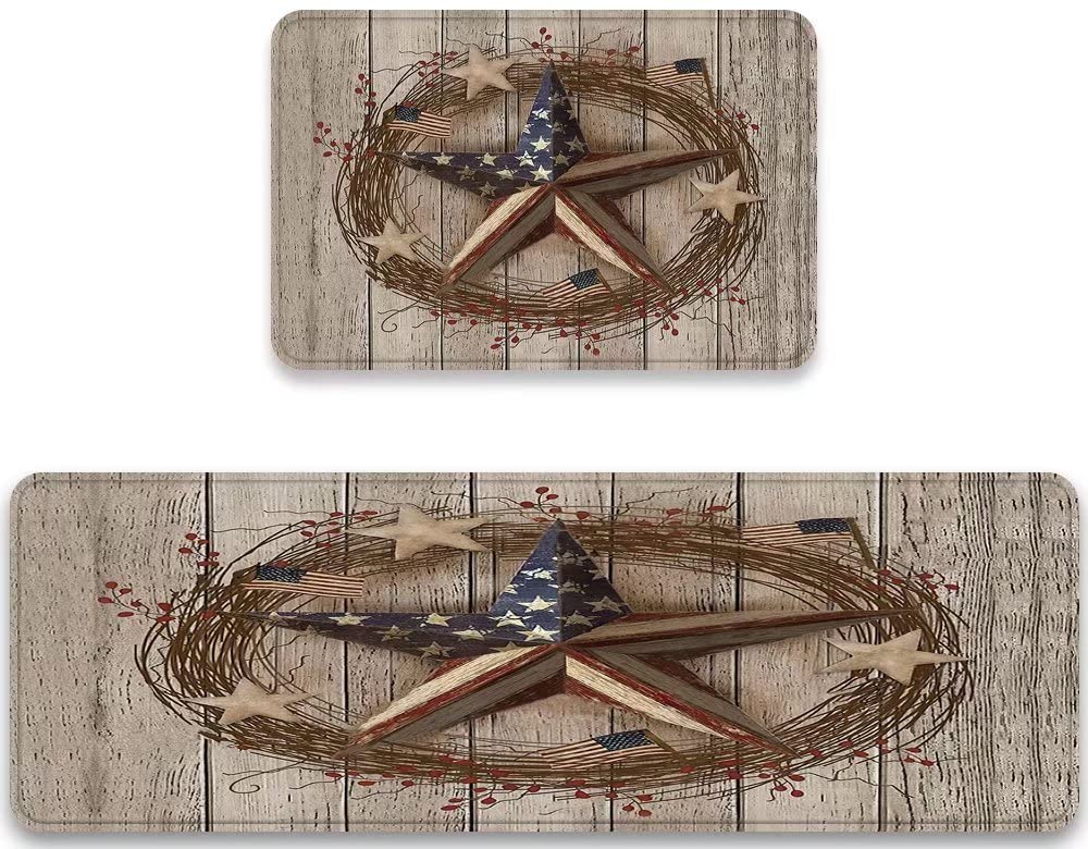 JILANGCA Kitchen Rugs Sets 2 Pieces Country Primitive Barn Star Patriotic on Wooden Board Floor Mat Washable Doormat Non-Slip Area Runner and Mats for Kitchen,Laundry,Bathroom 17.7*47.2+17.5*29.5inch