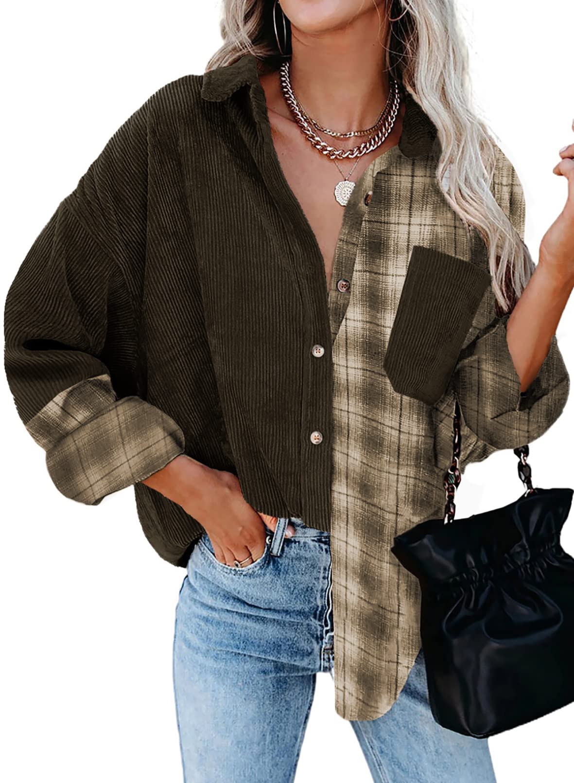 Dokotoo Shirts for Women Color Block Plaid Patchwork Long Sleeve Turn Down Collar Shacket Fall Boyfriend Style Contrast Button Down Shirts Tops with Bust Pocket Blue L