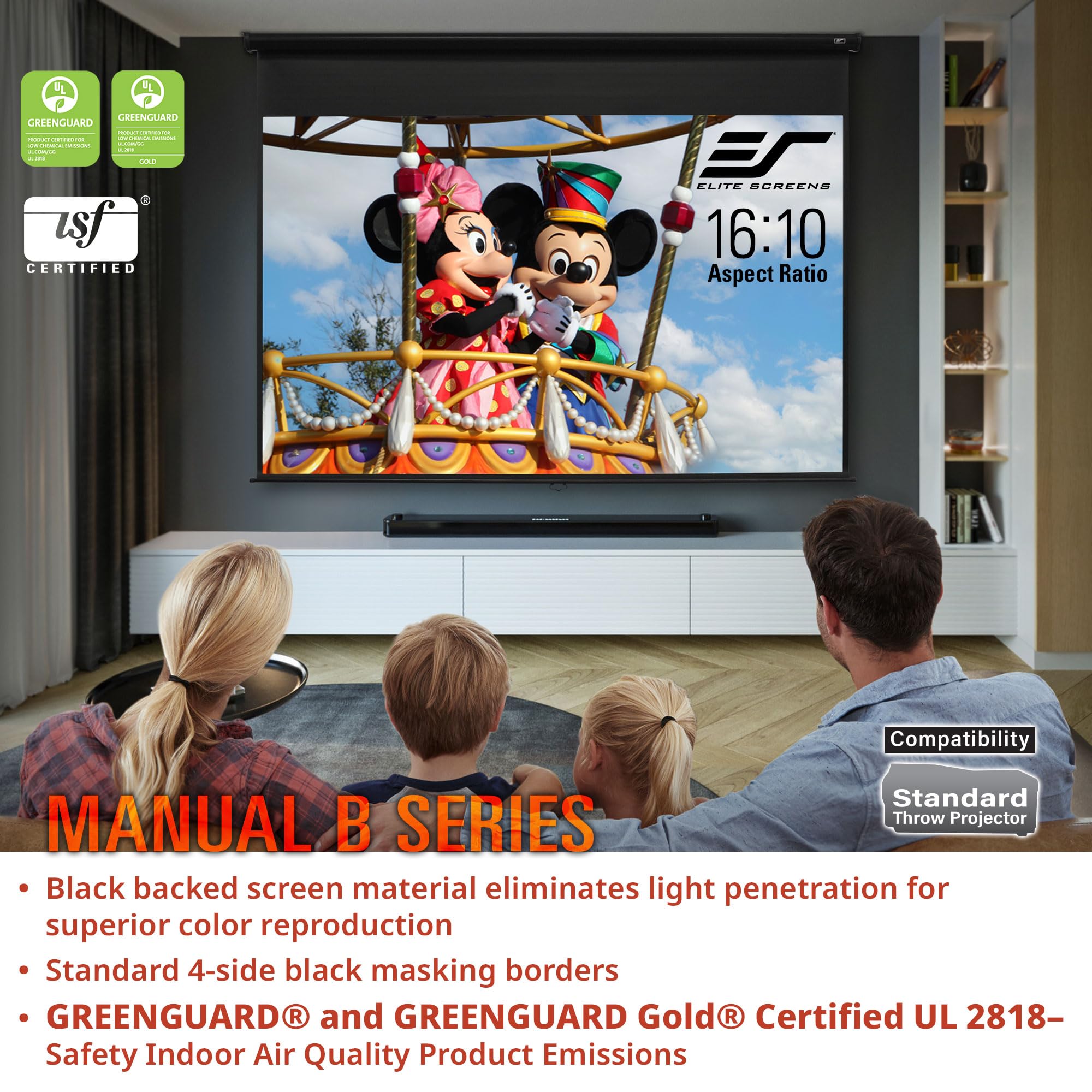 Elite Screens Manual B 110-INCH Manual Pull Down Projector Screen 4K 8K 3D Ultra HDR HD Ready Home Theater Movie Gaming Presentation Screen, M110H