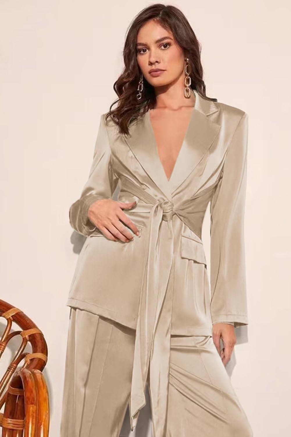 Dokotoo Womens Satin Blazers for Work Profession Wrap Tie Waist Blazer Office Blazers Casual Jacket Lightweight Blazer for Women Apricot M