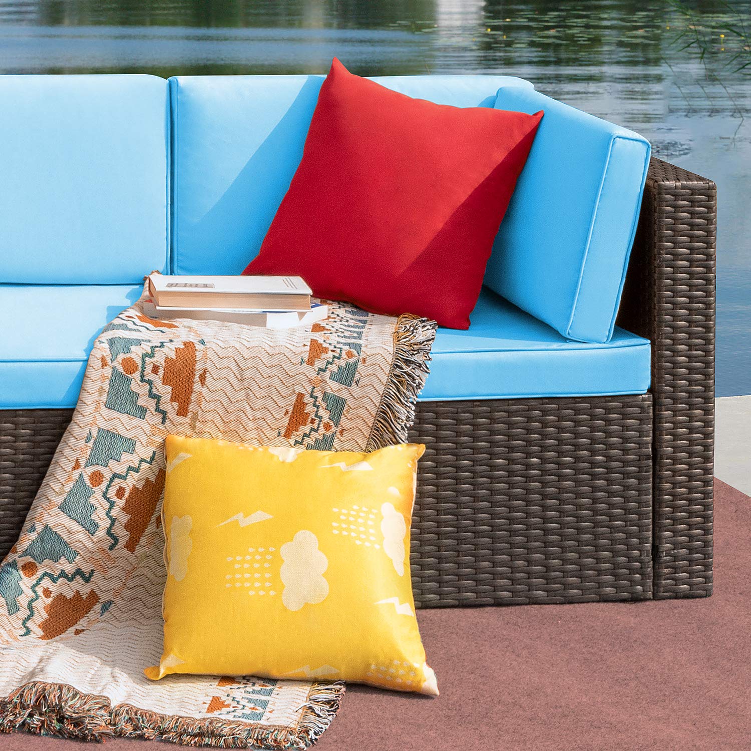 Furniwell 7 Pieces Patio Furniture Sectional Set Outdoor Wicker Rattan Sofa Set Backyard Couch Conversation Sets with Pillow, Cushions and Glass Table (Blue)