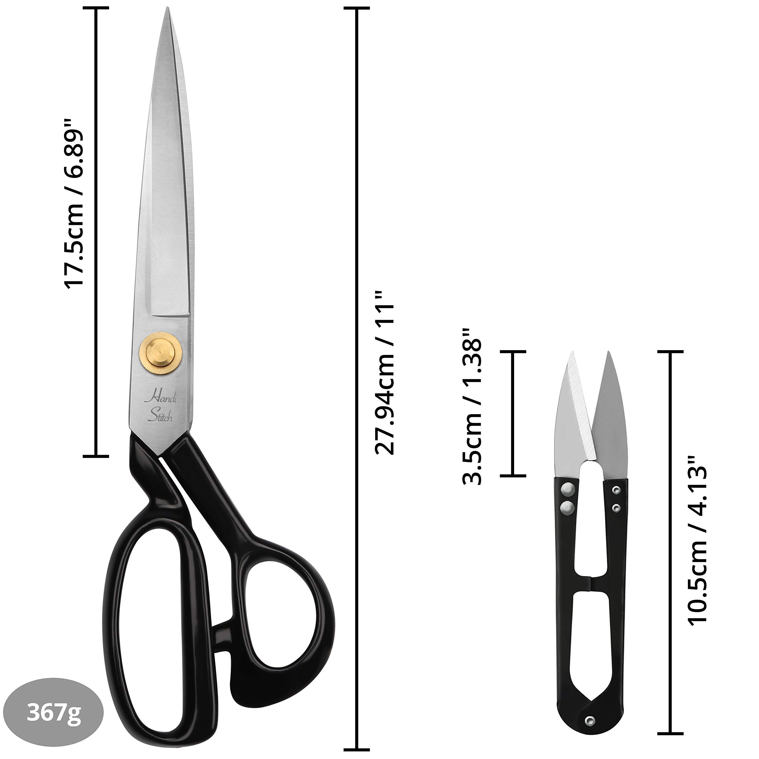 Handi Stitch Fabric Tailor Scissors and Thread Snipper β 11 Inch Razor Sharp Stainless Steel for Sewing, Dressmaking & Knitting Needs β Durable Black Shears for Cutting Denim, Leather & More