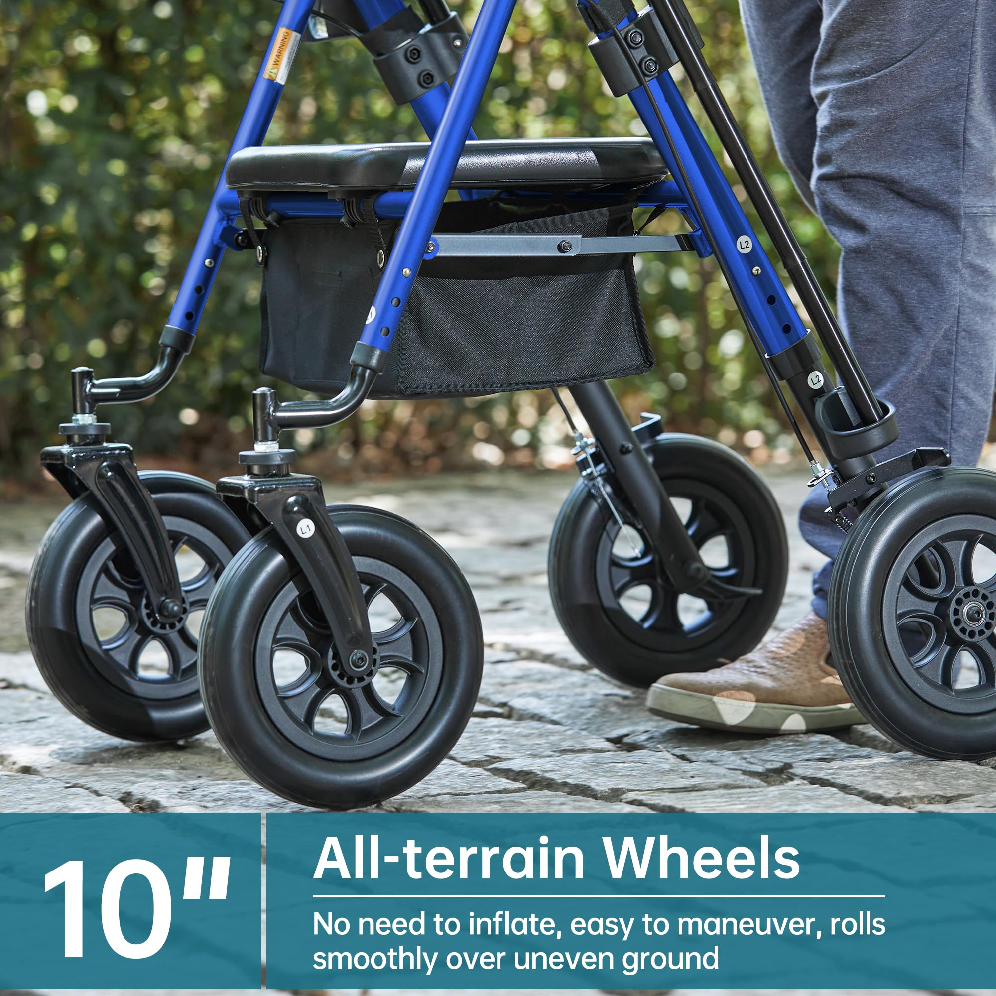 ELENKER Upright Rollator Walker, Stand Up Rolling Walker with 10’’Big PU Wheels and Adjustable Padded Armrests for Seniors from 4’8”to 6'4” (Blue)