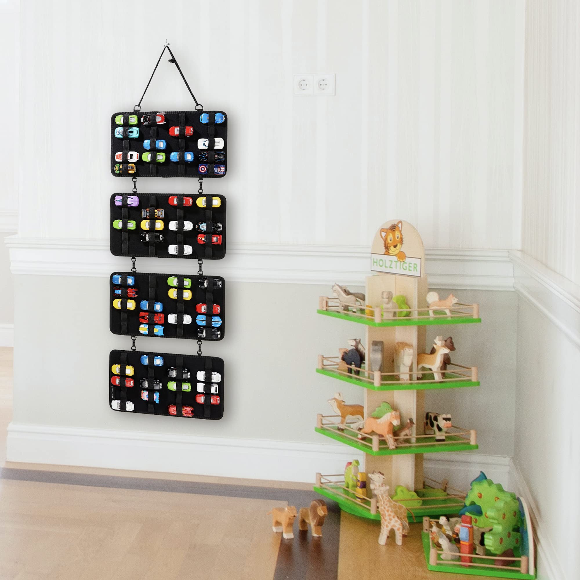 HUHYNN Hanging Display Case Compatible with 80 Hot Wheels Matchbox Cars,Toy Cars Storage with 4 Detachable Panels for Hot Wheels Storage Organizer (80 Slots-Black)