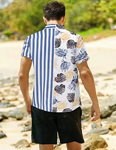 EliteSpirit Hawaiian Shirts for Mens Beach Shirts Casual Button Down Shirts Short Sleeve Striped Floral Print Blue Striped L