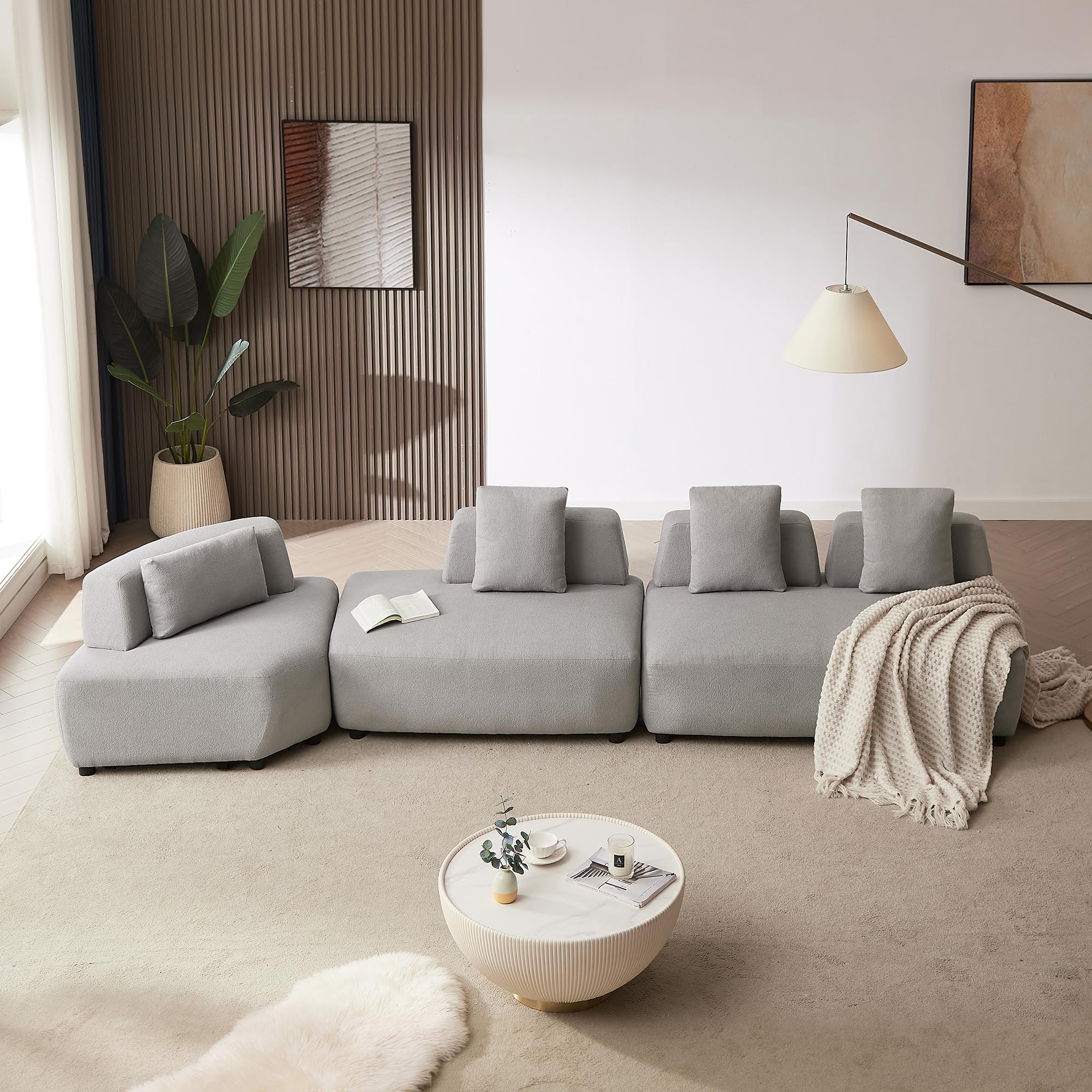 WILLIAMSPACE 92.5" Luxury Sectional Sofa for Living Room, Modern Upholstery Boucle Sofa Couch with 4 Pillows, Contemporary Sectional Curved Sofa Corner Couch for Apartment, Boucle Fabric (Grey)