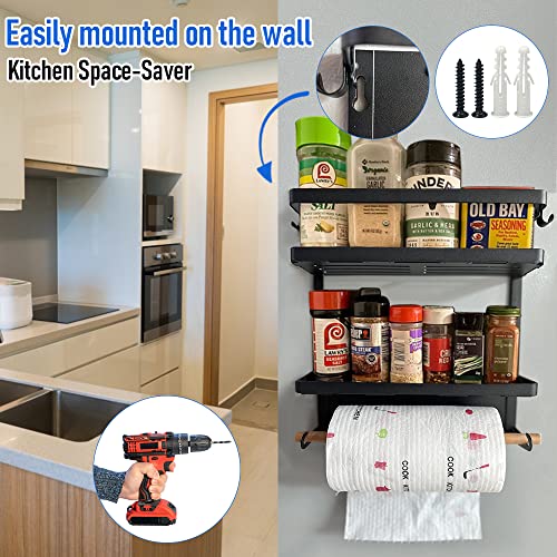 VIAV Magnetic Spice Rack with Paper Towel Holder for Refrigerator with 2-Tier Shelf Spice Rack Strong Magnetic Backing with 3 Hooks for Kitchen Storage,Refrigerator,Freezer,Grill Silver
