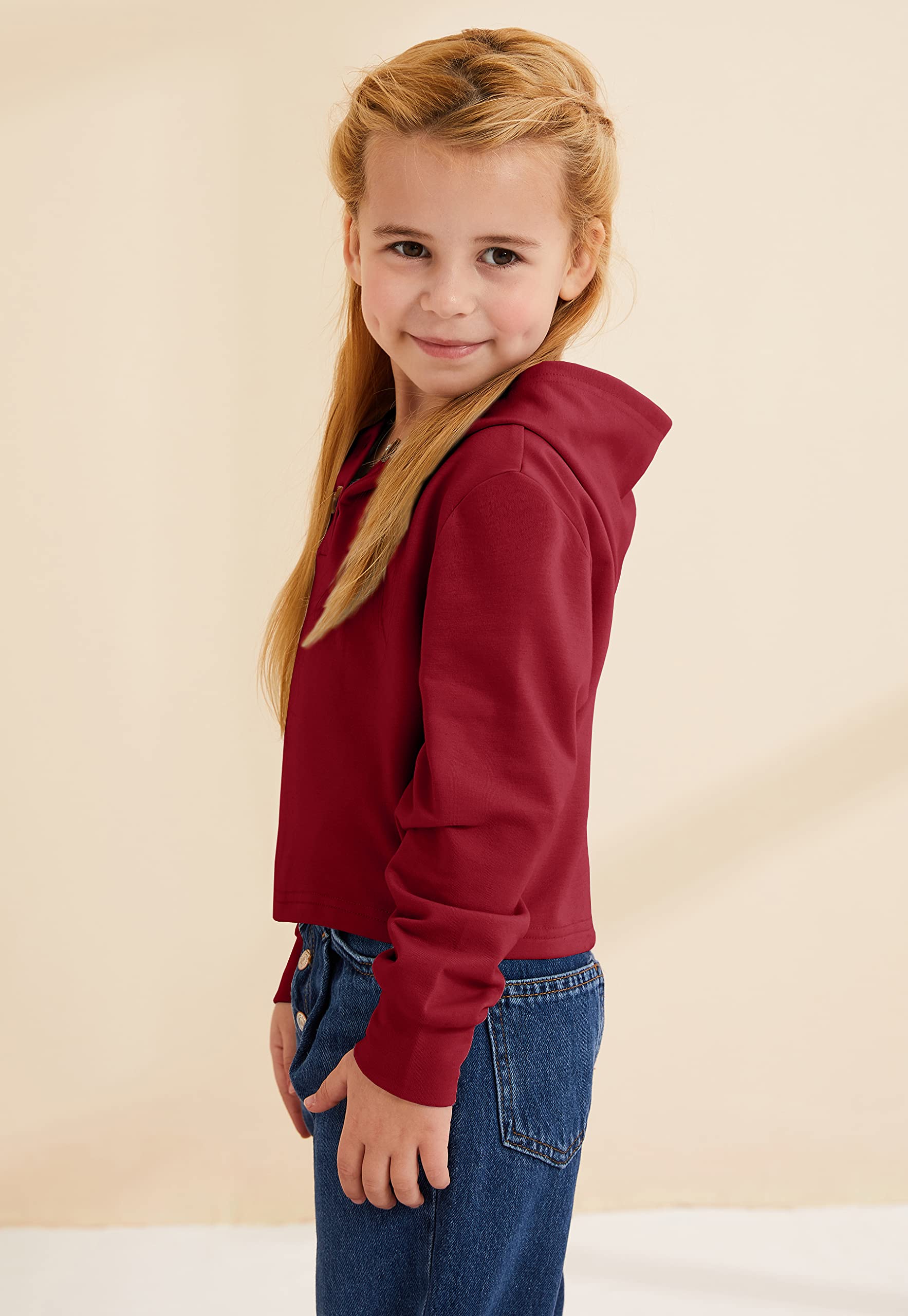 GAMISOTE Kids Girls Crop Tops Hoodie Button Up Casual Loose Active Short Pullover Sweatshirt Burgundy