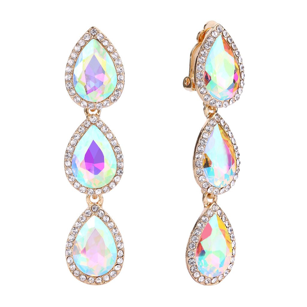 EleQueen Women's Gold-tone Austrian Crystal Teardrop Pear Shape 2.4 Inch Long Clip-on Dangle Earrings Iridescent AB