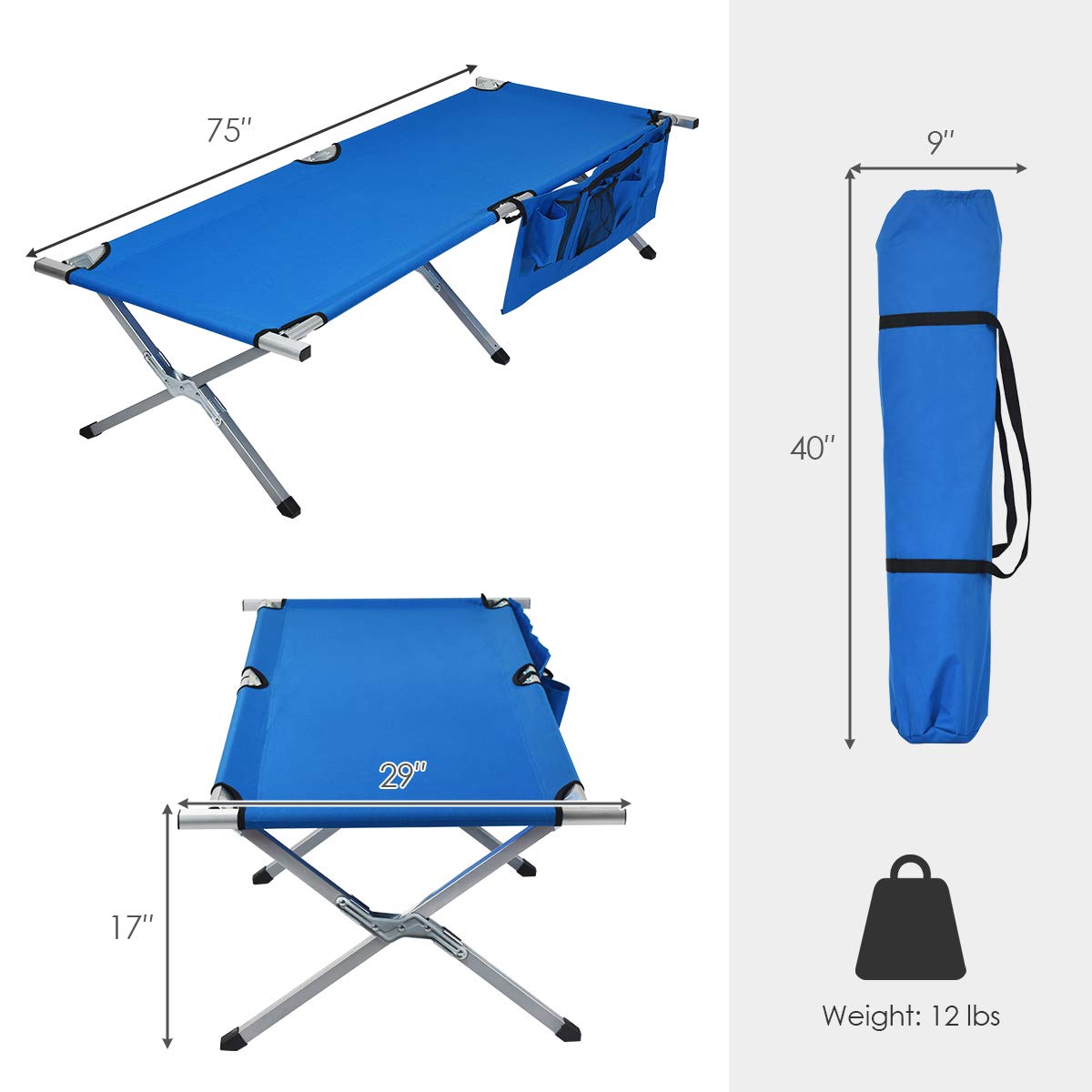 Goplus Folding Camping Cot, Heavy-Duty Foldable Bed for Adults Kids W/Carry Bag, Side Pockets, 450 lbs (Max Load), Outdoor Portable Sleeping Cot for Traveling (Gray)