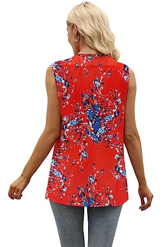 MIDOSOO Summer Tank Tops for Women Elegant Chiffon Sleeveless Shirts Fold Pleated Blouses Floral Red Medium