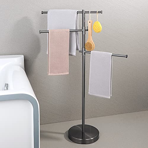 Sayayo Freestanding Towel Rack for Bathroom, 39 Inch Towel Holder for Bathroom Towel Stand Floor with 3 Adjustable Towel Bar, GunmetalÂ