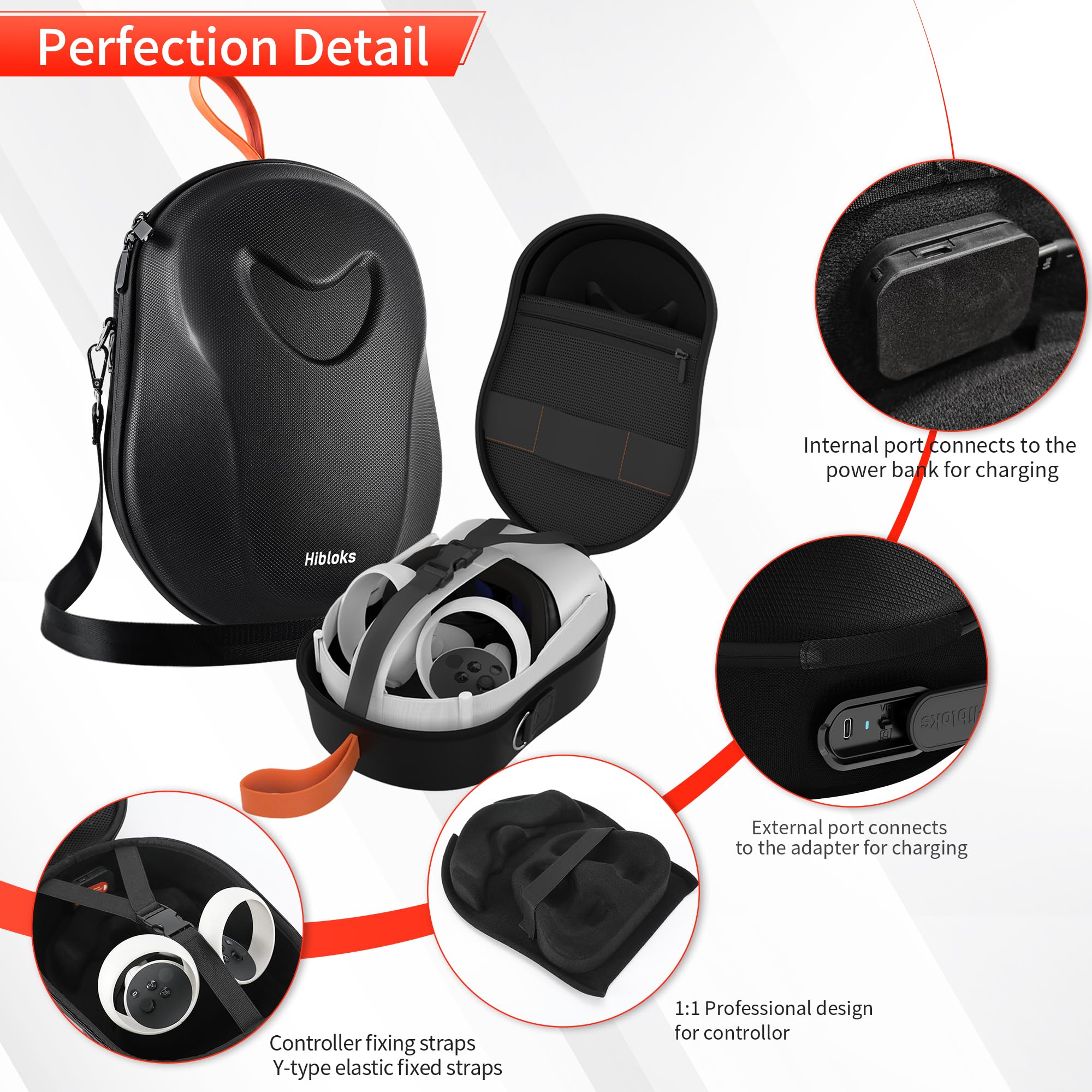 HiBloks Carrying Case for Meta Quest 3 / Oculus Quest 2, Hard Travel Case for Quest 2 All-in-One VR Headset and Controllers & Elite Head Strap, Quest 2 Shoulder Chest Backpack Portable Storage Bag