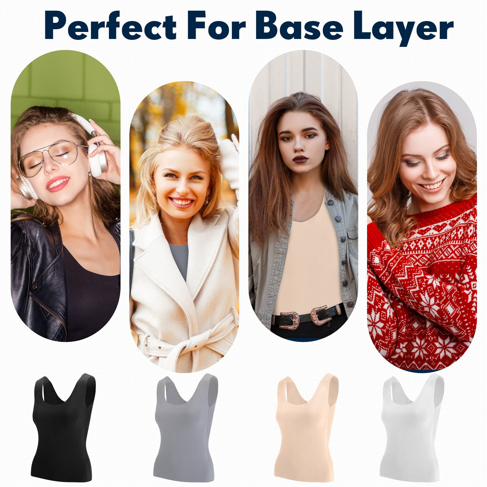 Hicarer 4 Pieces Thermal Tank Top for Women Lined Underwear Scoop Neck Womens Base Layer Sleeveless Under Vest Warm (Large)