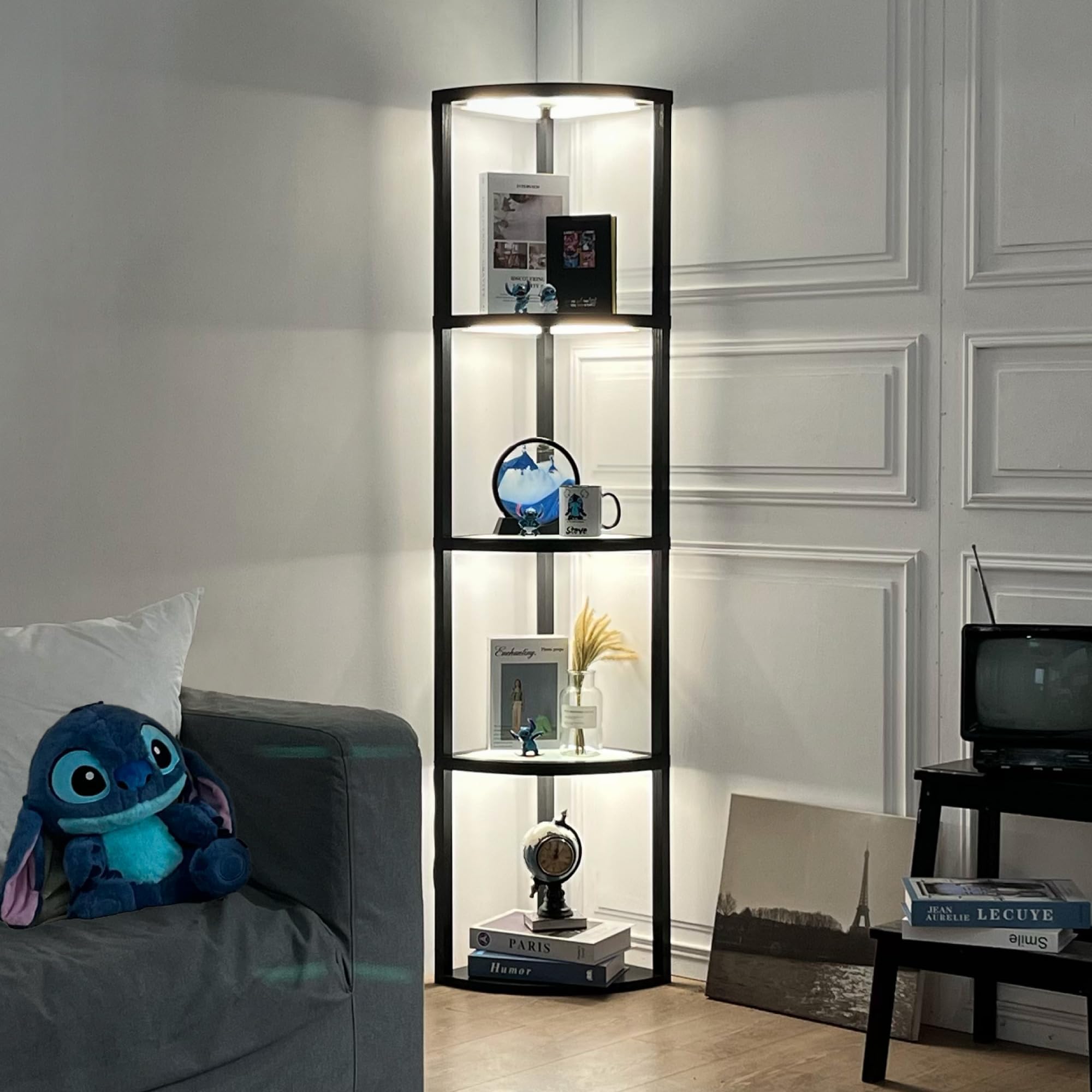 FENLO Fantasy Edge - 66" LED Corner Glass Display Shelf Lamp for Bedrooms, Dimmable Corner Floor Lamp with Shelves, Curio Cabinet Display Case with Remote Control (Black)