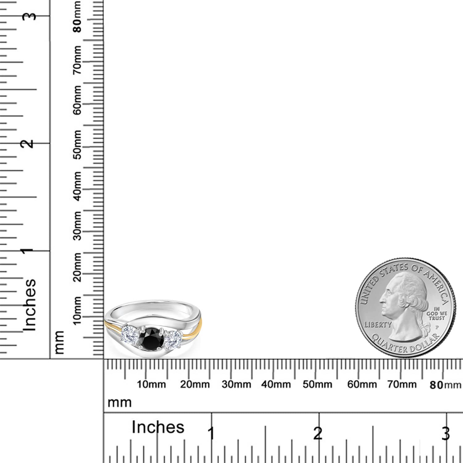 Gem Stone King 925 Sterling Silver and 10K Yellow Gold Round Black Onyx and White Moissanite 3 Stone Ring For Women (0.94 Cttw, Available In Size 5, 6, 7, 8, 9)