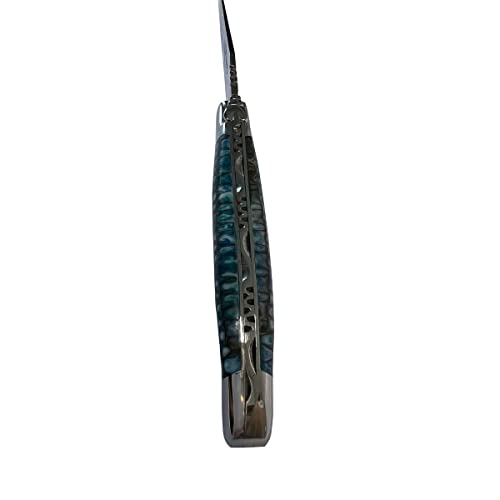 Laguiole en Aubrac Handmade Luxury Folding Pocket Knife, 4.8-in (12cm), Turquoise & Black Paper Waves Handle, Hand Forged Bee, Stainless Steel Shiny Bolsters
