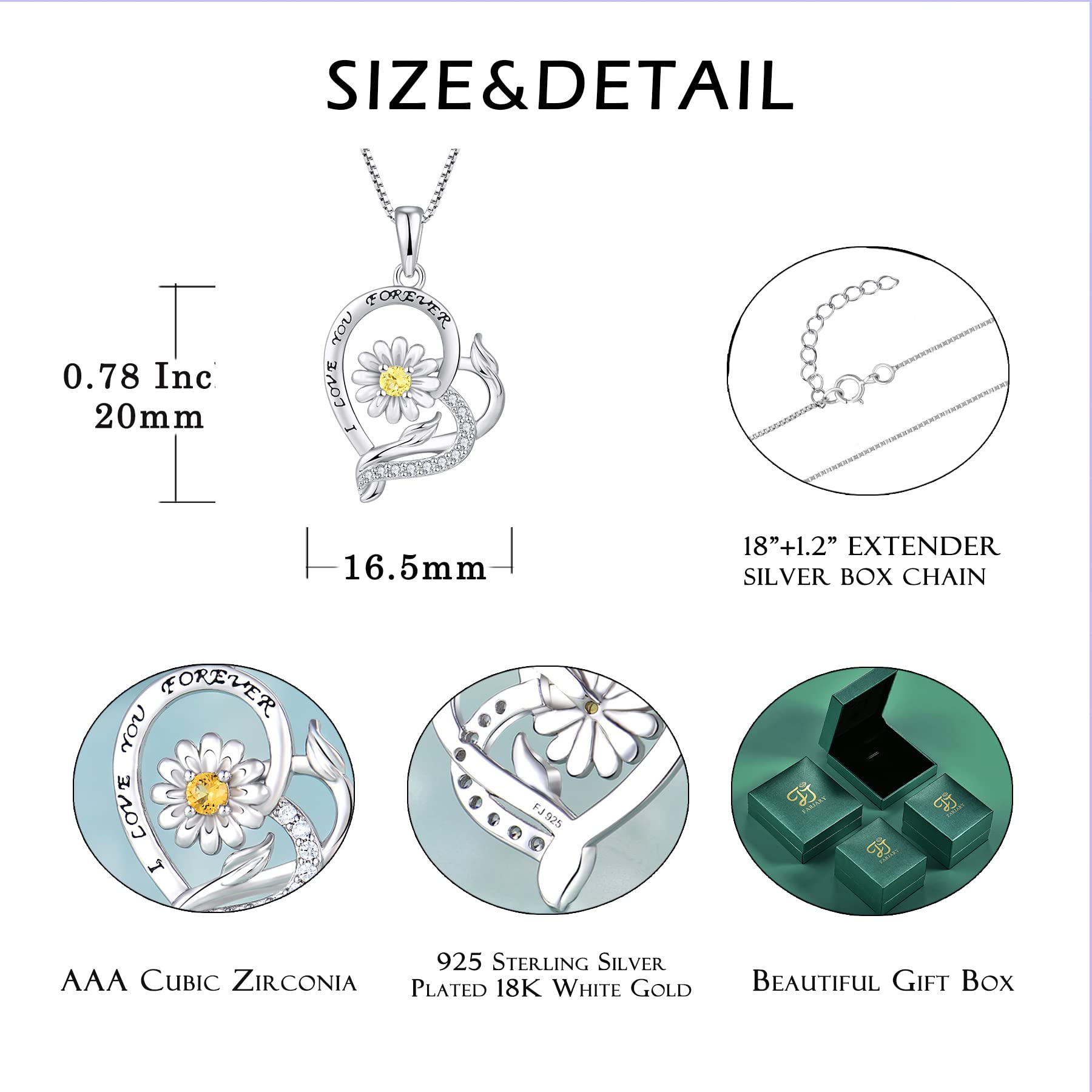 FJ Silver Heart Daisy Necklace Forever Love Heart Pendant Necklaces for Women