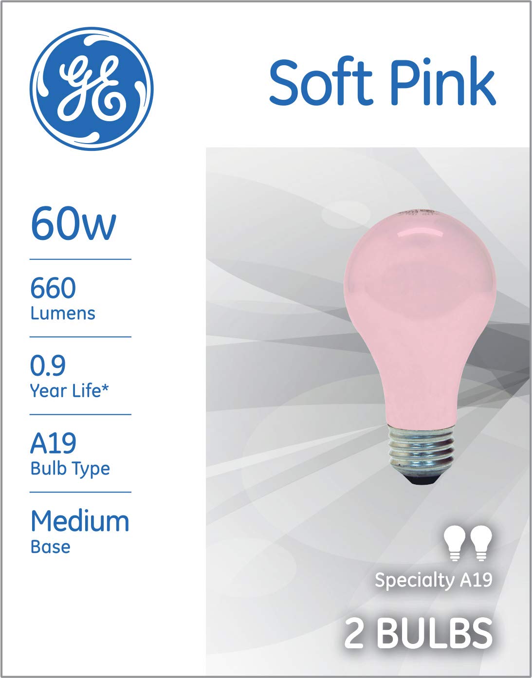 GE Lighting Available 97483 60-Watt 675-Lumen Party A19 Light Bulb, Pink, 2-Pack, 2 Count (Pack of 1)