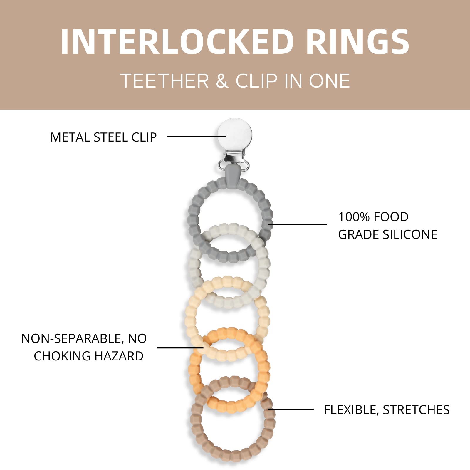 Kalovin Teether Rings, Silicone Sensory Teething Ring, Baby Teether Links Clip on Teether, Food Grade Silicone, BPA & Phthalate