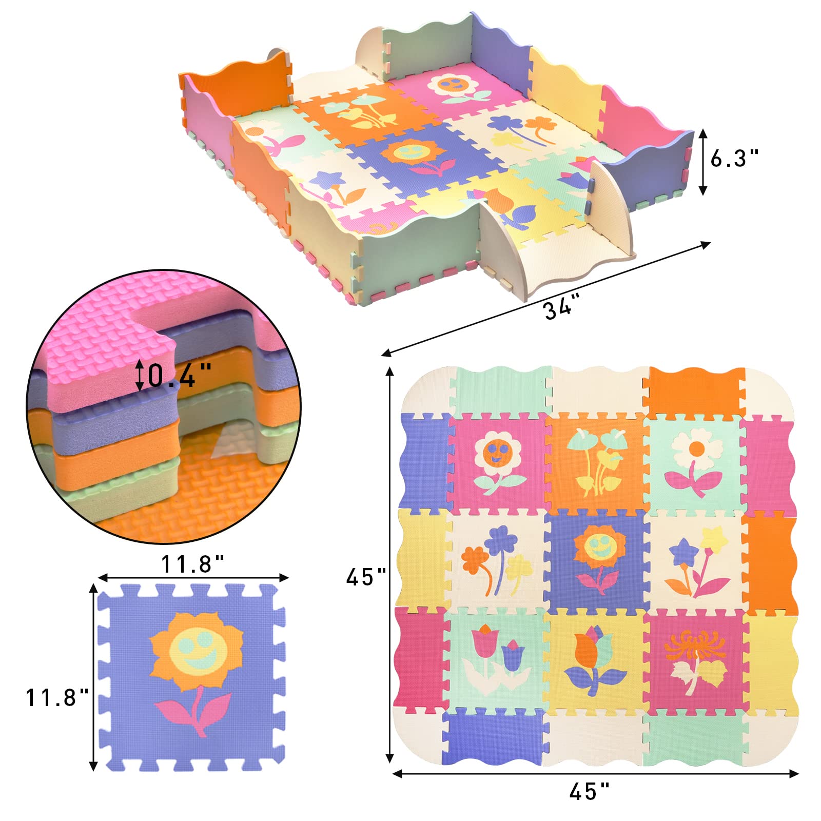 Elsjoy 25 Pieces Play Mat with Fence, Thick Interlocking EVA Foam Mat Floor Tiles, Large Puzzle Playmat Crawling Mat, 9 Flower Patterns