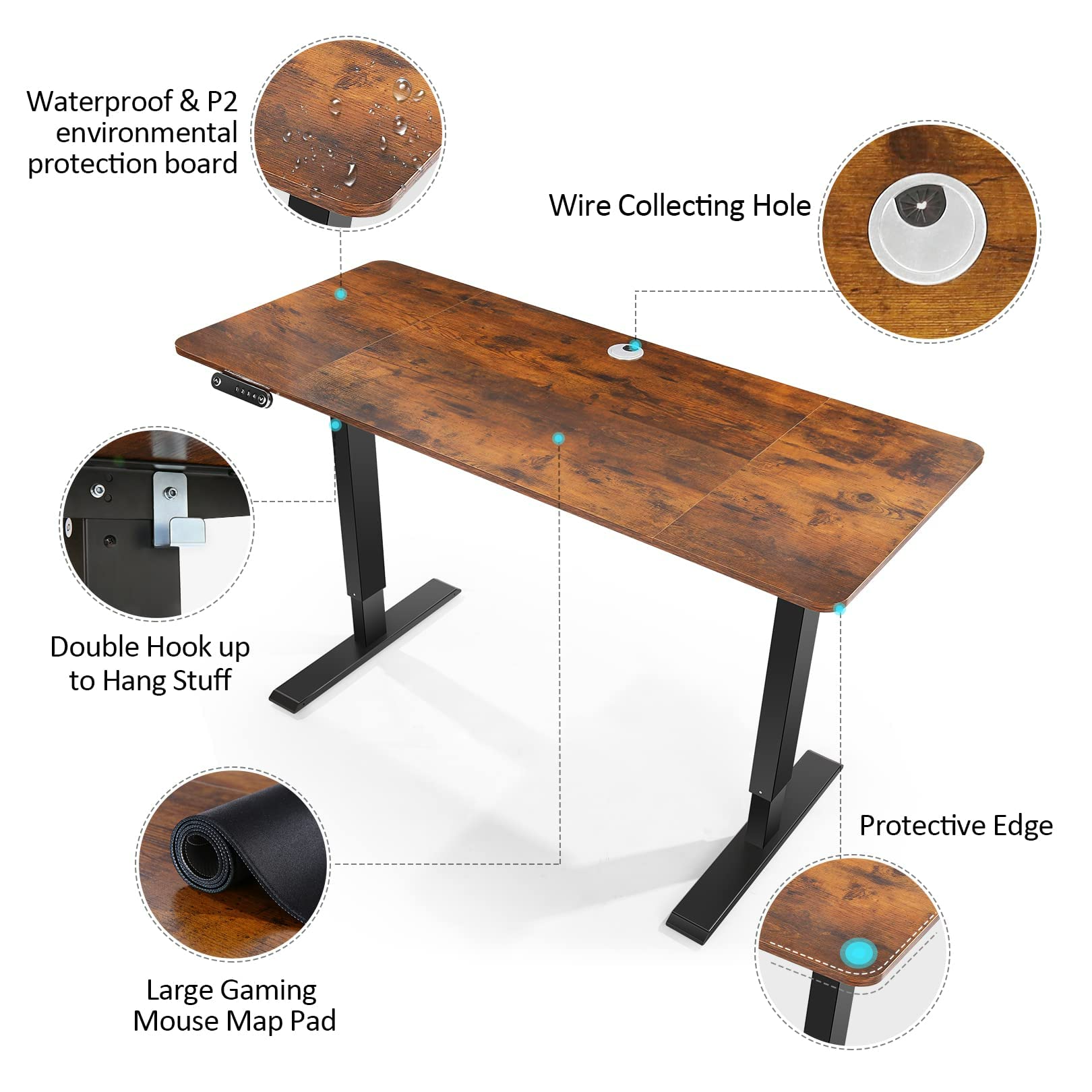 farexon Adjustable Standing Desk, 48in Raising Desk Ergonomic Desk with 2 USB Ports & 3 Power Outlets, and 6.5 ft Power Cord, Height Adjustable Desk with Double Crossbeam Structure, Brown