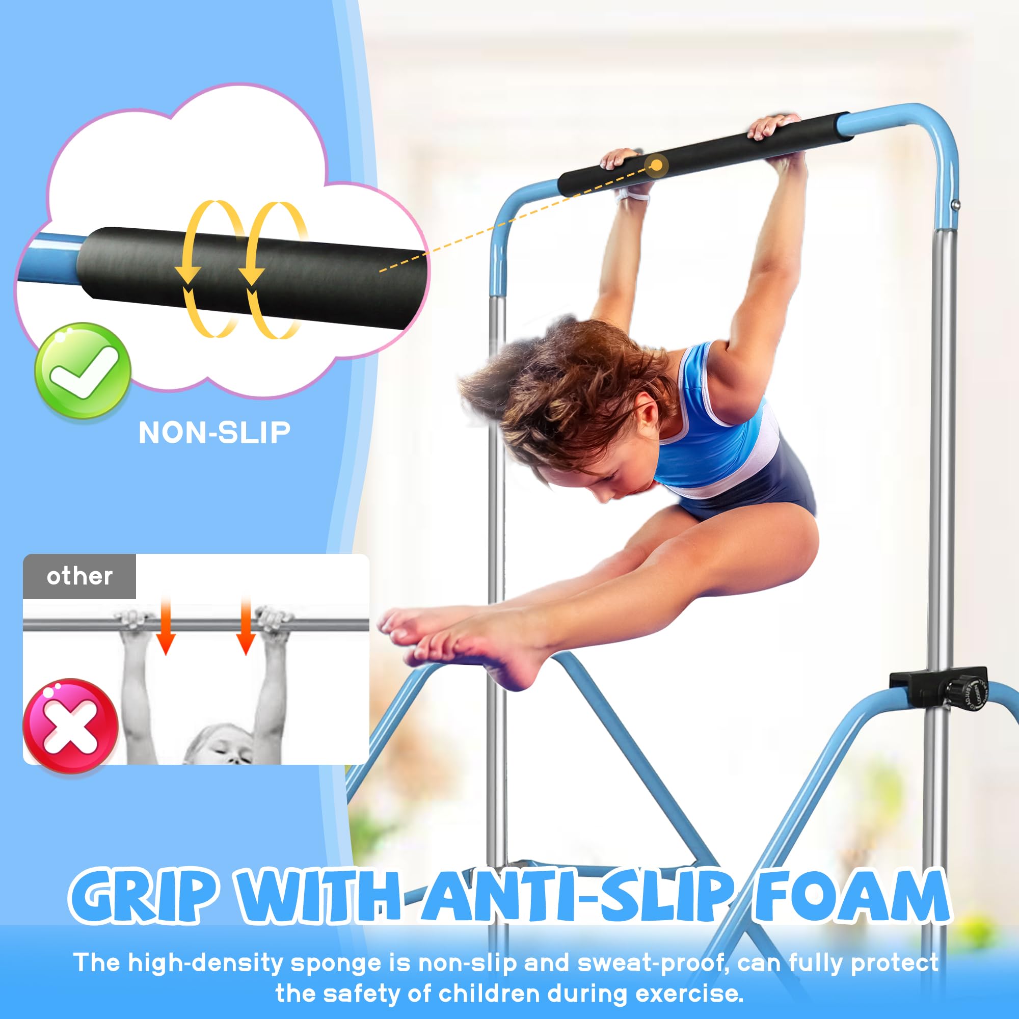Kangaroo Hoppers Kids Gymnastics Bar & Gymnastics Mat for Home, Height Adjustable Foldable Junior Training Bar, 5-Panel Tumbling Mats 3 FT x 6 FT, Blue