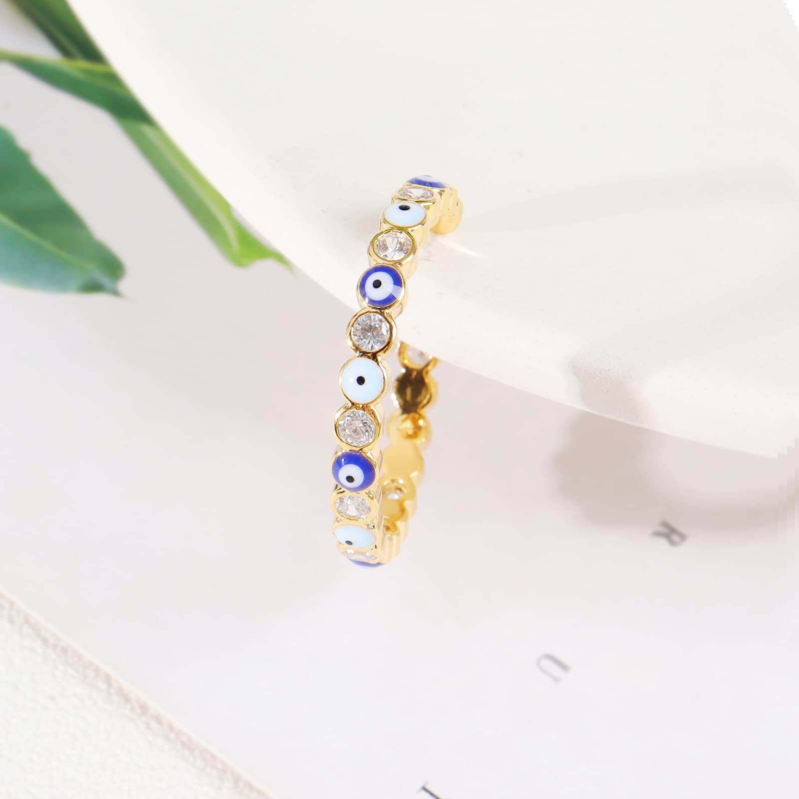 HUASAI Evil Eye Ring for Women Gold Third Eye Ring Vintage Turkish Blue Eye Ring Open Adjustable Rhinestone Ojo Ring for Protection Trendy Beads Evil Eye Ring(Gold)