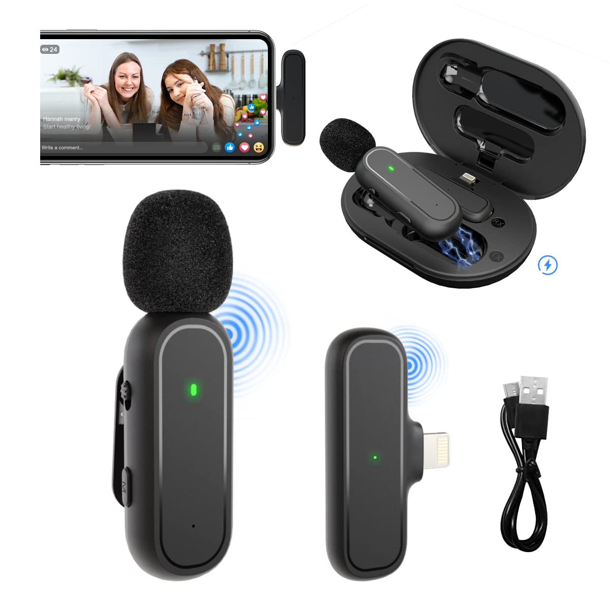 LAEFTDERM Wireless Lavalier Microphone, Lightning Port, Portable Charging Case, Long Battery Life, Manually Adjustable Noise Reduction, 50ft Audio Range, Compatible with iPhone & iPad