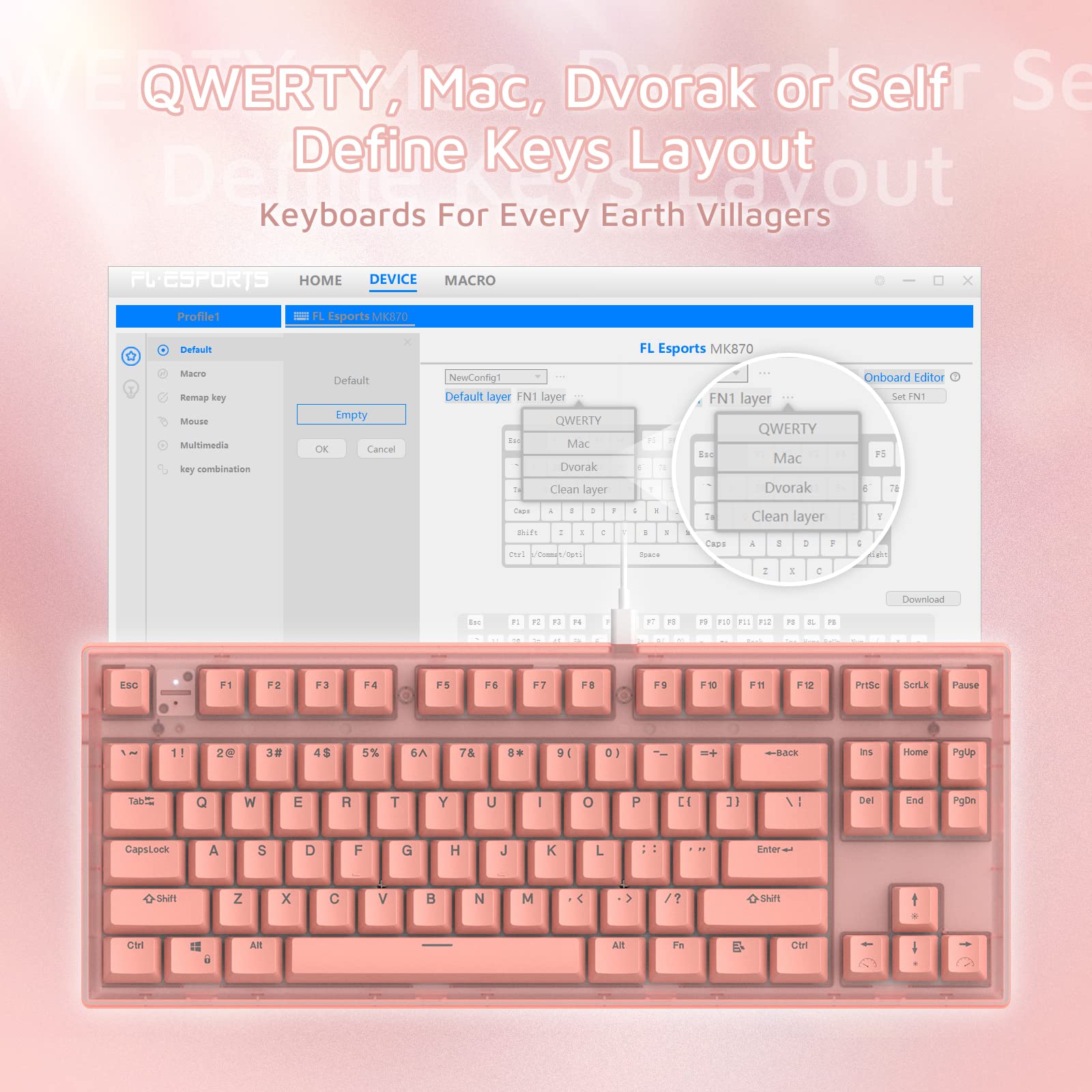 FL ESPORTS MK870 CMMK 87 Keys RGB Modular Mechanical Keyboard, 80% TKL Wired Gaming Keyboard DIY Kit w/Hot-Swap Switch Sockets (5-pin) & Customizable Software Supported (Barebones, Frosted Black)
