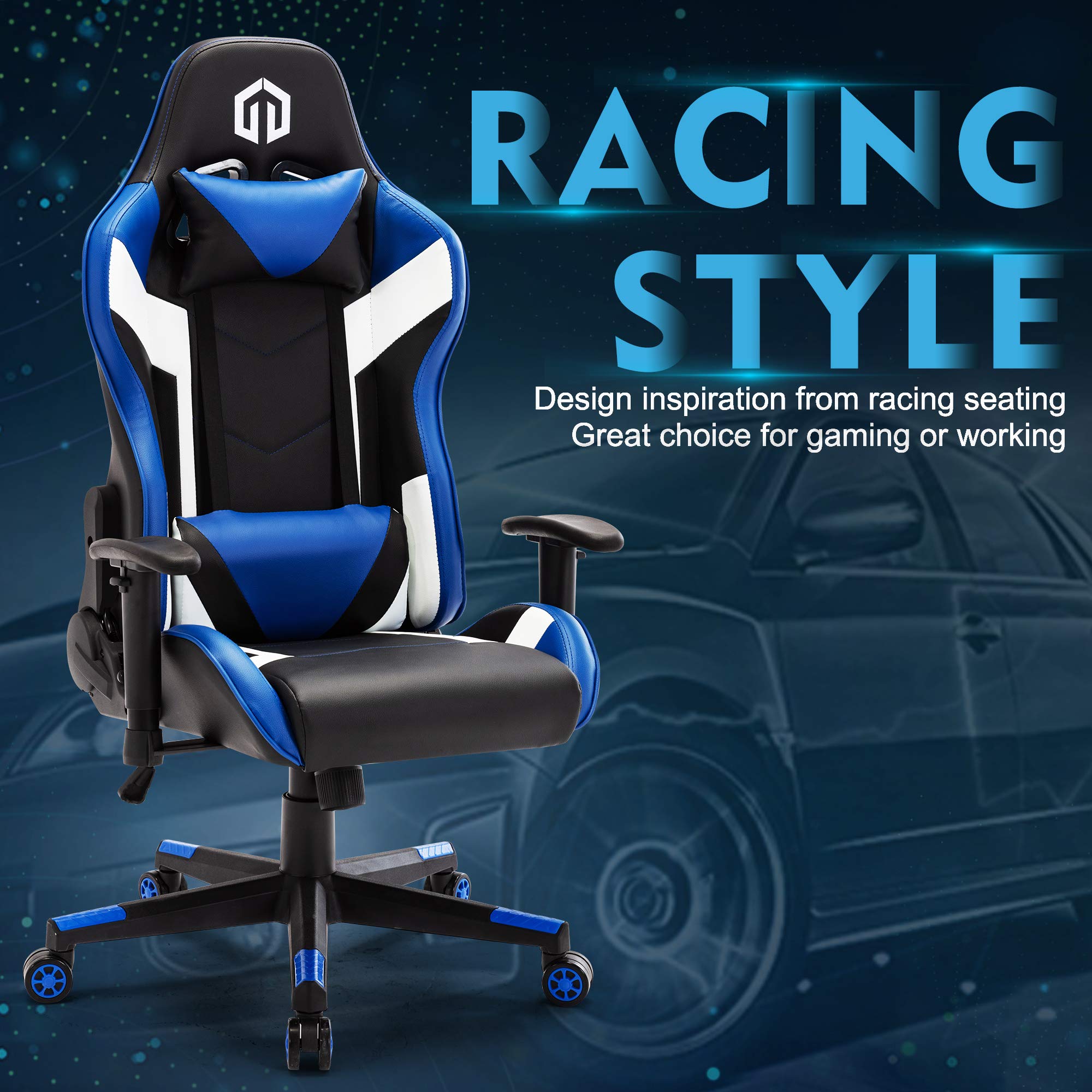 GOTMINSI Racing Gaming Chair, Adjustable High-Back Office Chair, Ergonomic Computer E-Sports Chair with PU Leather Headrest and Lumbar Support. (BK/Blue)