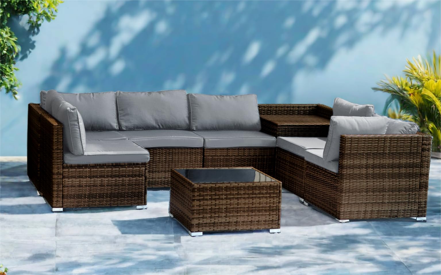 PatLoom 8-Piece Modular Outdoor Wicker Patio Furniture Set - Sectional PE Rattan Sofa with 2 Pillows, Coffee Table, Protective Cover - Garden, Backyard, Porch Conversation Set (Grey)