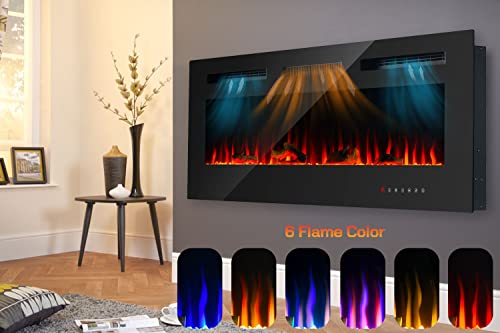 Uthfy 36" Electric Fireplace,1500W Recess & Wall Mounted Fireplace Heater & Linear Fireplace,6 Flame & 9 Ember Bed Colors,Remote Control,8H Timer,Adjustable Thermostat,Log & Crystal, Black (HY-HW36)