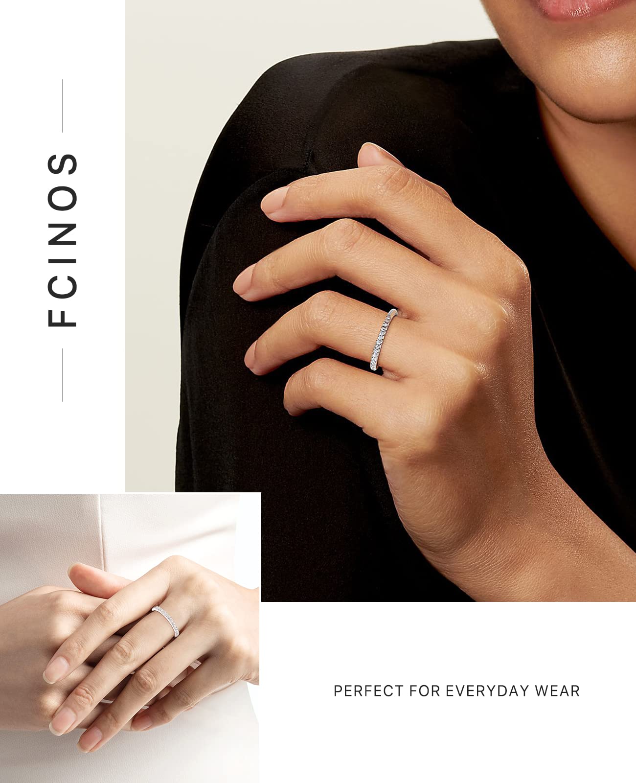 FCINOS Half Eternity Ring for Women, S925 Moissanite Stackable Engagement Ring, Promise Wedding Bands Sterling Silver Ring, Clarity Unisex Diamond Simulated Anniversary Rings (Half Eternity Ring Size 7)