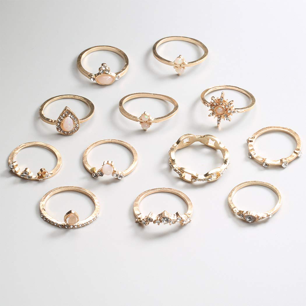 Fairyu Boho Crystal Stackable Rings Gold Joint Knuckle Rings Gold Beach Finger Rings Jewelry for Women and Girls (12PCS)