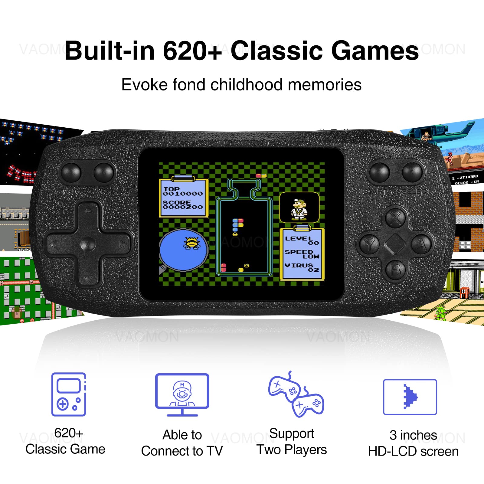 Handheld Game Console - Vaomon Handheld Games for Kids,620+ Classical FC Games,Retro Handheld Game Console with Portable Shell,Rechargeable Video Game Support Connecting TV &2 Players(Premium Black)