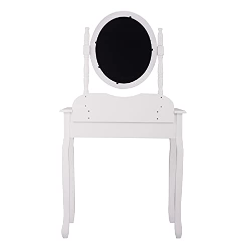 Tidyard Vanity Table and Chair Set, Makeup Dressing Table with Mirror and Large Drawer, Thick Padded Stool - White
